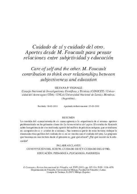 (PDF) Cuidado de sí y cuidado del otro.Aportes desde M. Foucault para ...