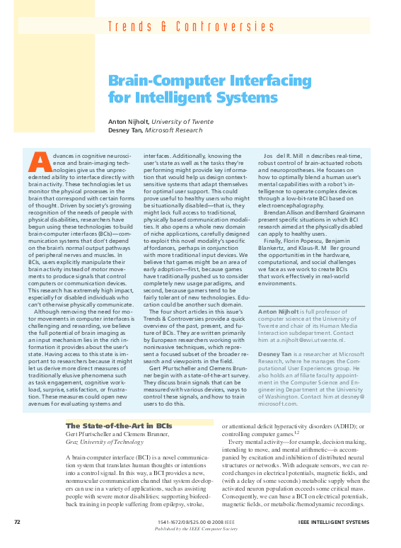 (PDF) Brain-Computer Interfacing for Intelligent Systems