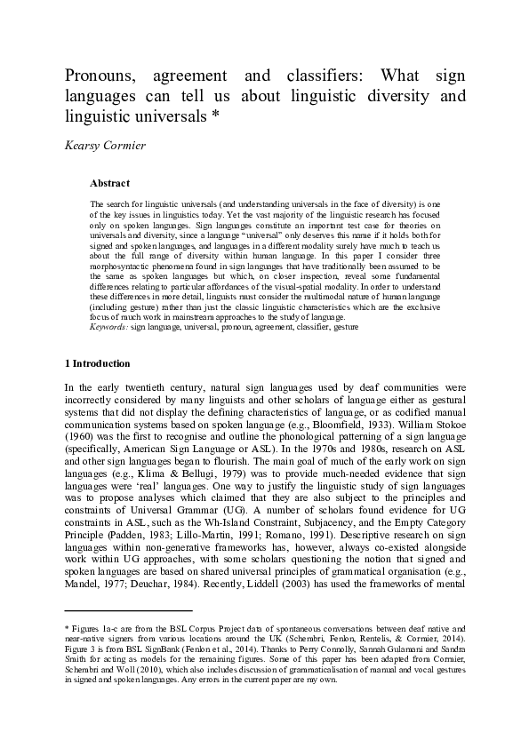 (PDF) Pronouns, agreement and classifiers: What sign languages can tell ...