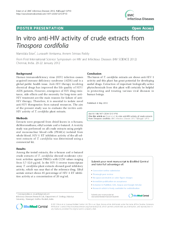 (PDF) In vitro anti-HIV activity of crude extracts from Tinospora ...