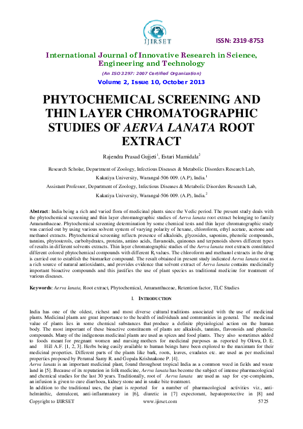 (PDF) PHYTOCHEMICAL SCREENING AND THIN LAYER CHROMATOGRAPHIC STUDIES OF AERVA LANATA ROOT EXTRACT