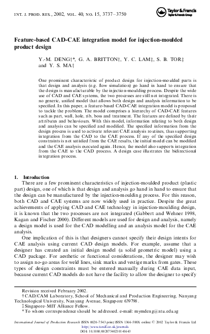 (PDF) A Feature-Based CAD-CAE Integration Model for Injection Moulded Product Design