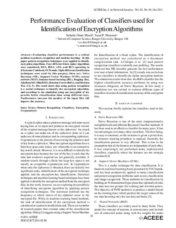 Pdf Performance Evaluation Of Classifiers Used For Identification Of Encryption Algorithms