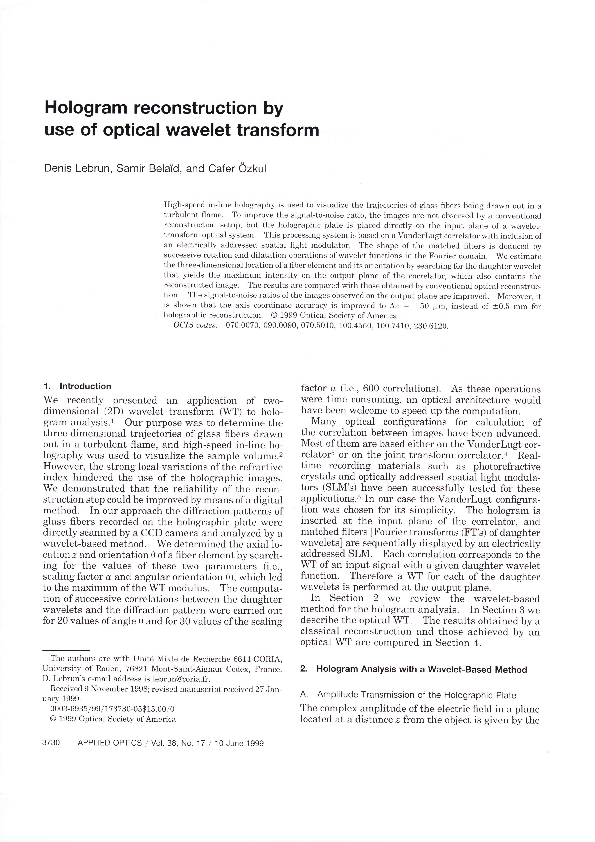 (PDF) Hologram Reconstruction by use of Optical Wavelet Transform