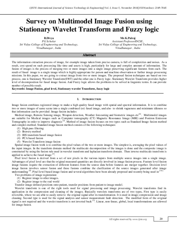 Pdf Survey On Image Fusion Using Stationary Wavelet Transform And Fuzzylogic