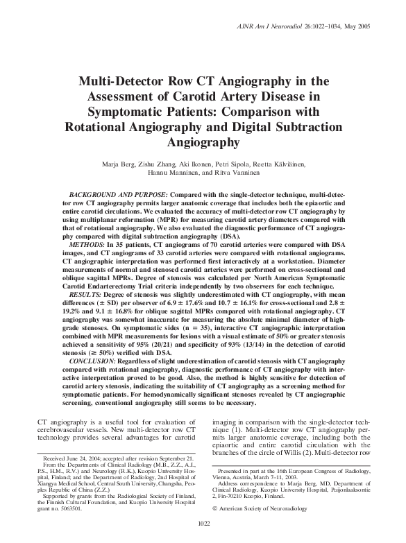 Pdf Multi Detector Row Ct Angiography In The Assessment Of Carotid Artery Disease In