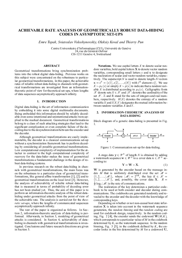 (PDF) ACHIEVABLE RATE ANALYSIS OF GEOMETRICALLY ROBUST DATA-HIDING CODES IN ASYMPTOTIC SET-UPS