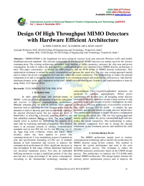 (PDF) Design Of High Throughput MIMO Detectors with Hardware Efficient Architecture