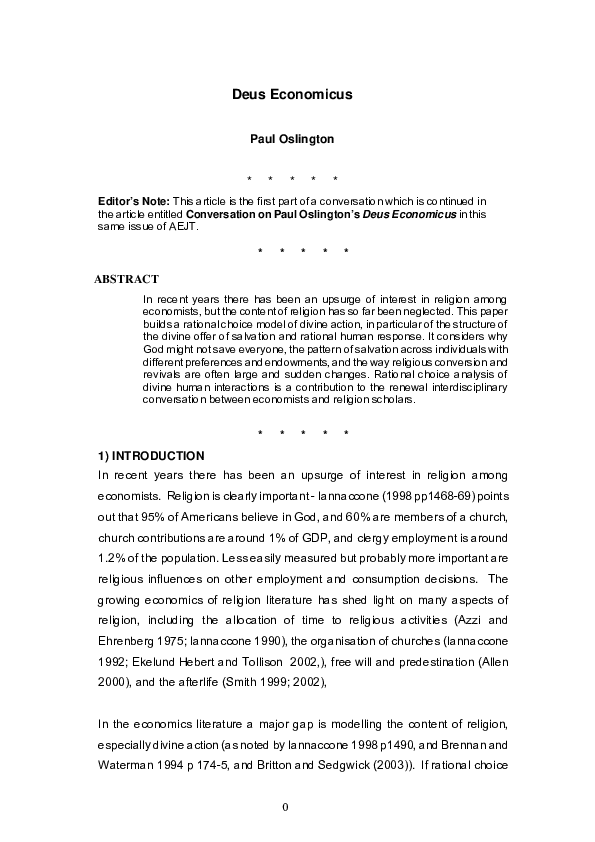 (PDF) "Deus Economicus" Published with comments by Anthony Kelly and Neil Ormerod