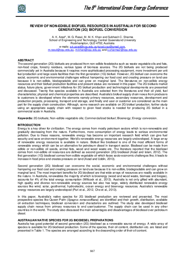 (PDF) Review of non-edible biofuel resources in Australia for second ...