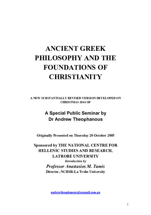 (PDF) Ancient Greek Philosophy and The Foundations Of Christianity