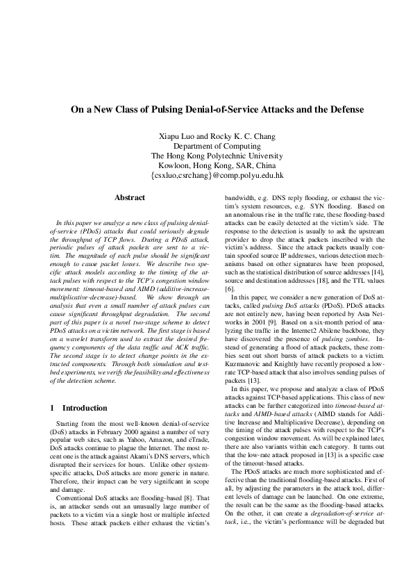 Pdf On A New Class Of Pulsing Denial Of Service Attacks And The Defense