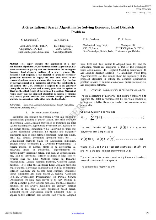 Pdf A Gravitational Search Algorithm For Solving Economic Load Dispatch Problem 