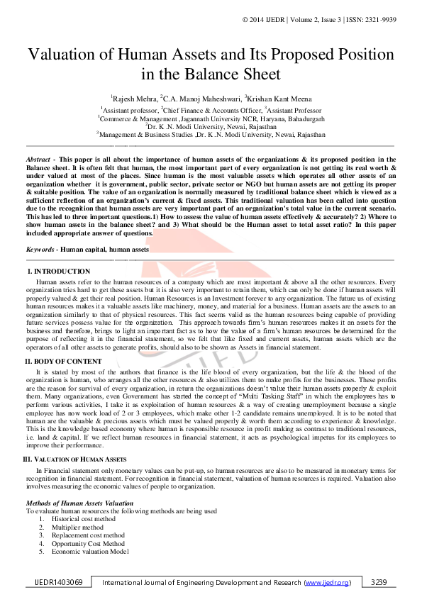 (PDF) Valuation of Human Assets and Its Proposed Position in the ...
