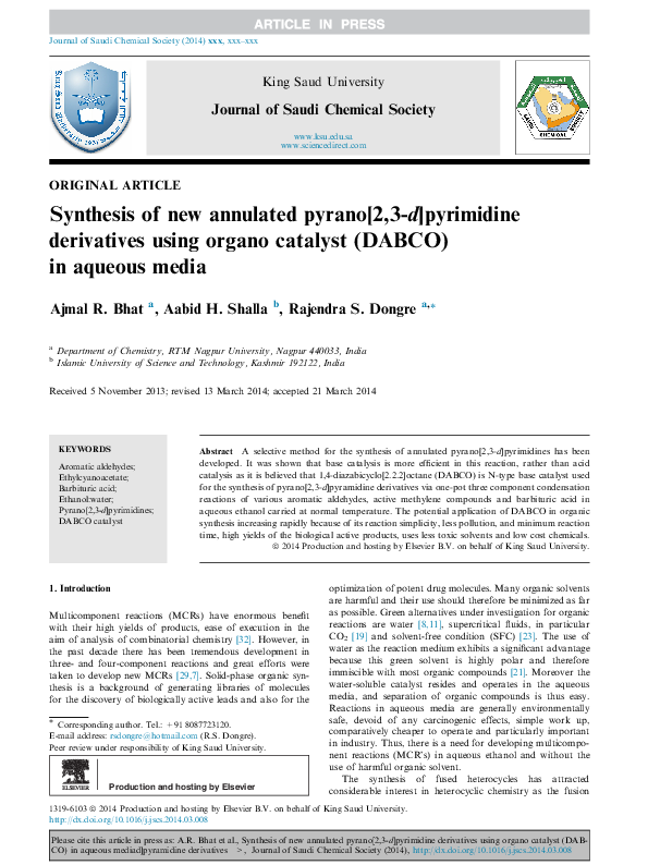(PDF) Synthesis of new annulated pyrano[2,3-d]pyrimidine derivatives using organo catalyst ...