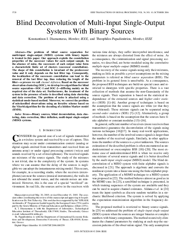Pdf Blind Deconvolution Of Multi Input Single Output Systems With Binary Sources