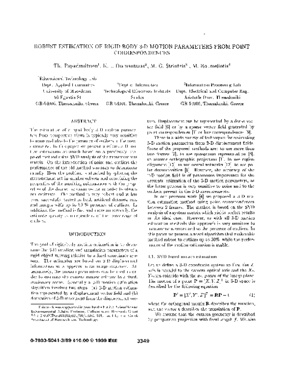 Pdf Robust Estimation Of Rigid Body 3 D Motion Parameters From Point Okrespondences