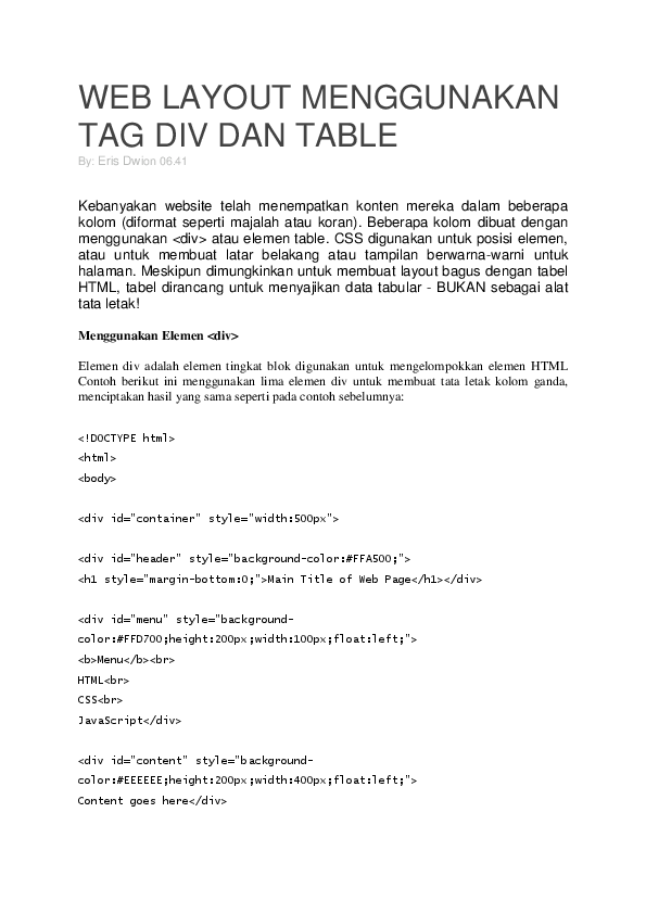 (DOC) WEB LAYOUT MENGGUNAKAN TAG DIV DAN TABLE