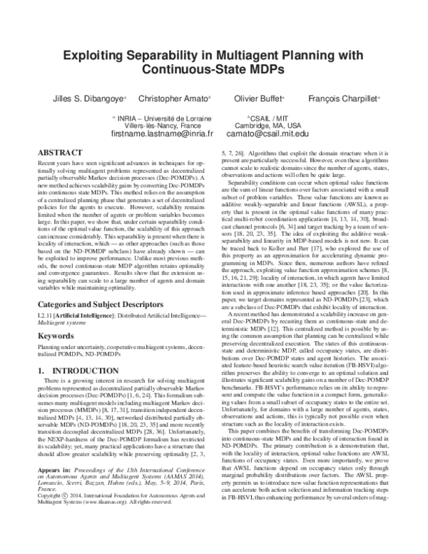 (PDF) Exploiting Separability in Multi-Agent Planning with Continuous-State MDPs