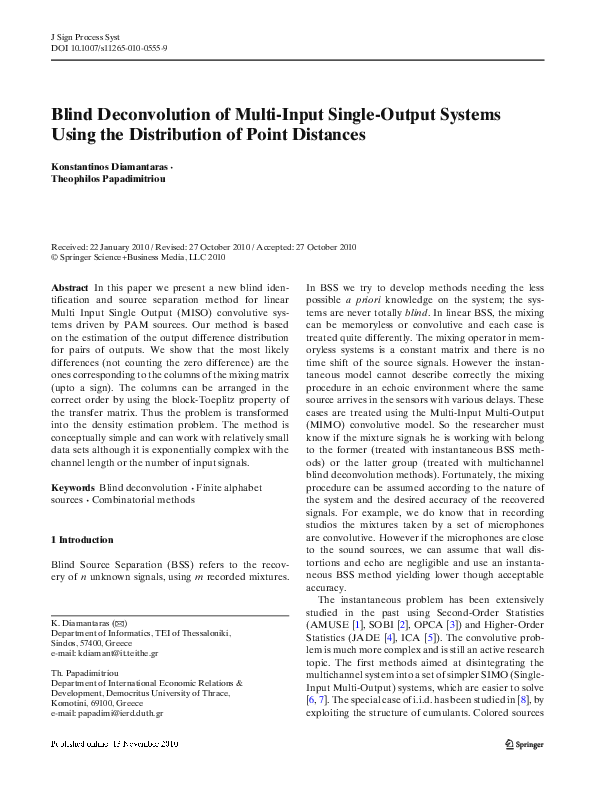 Pdf Blind Deconvolution Of Multi Input Single Output Systems Using The Distribution Of Point