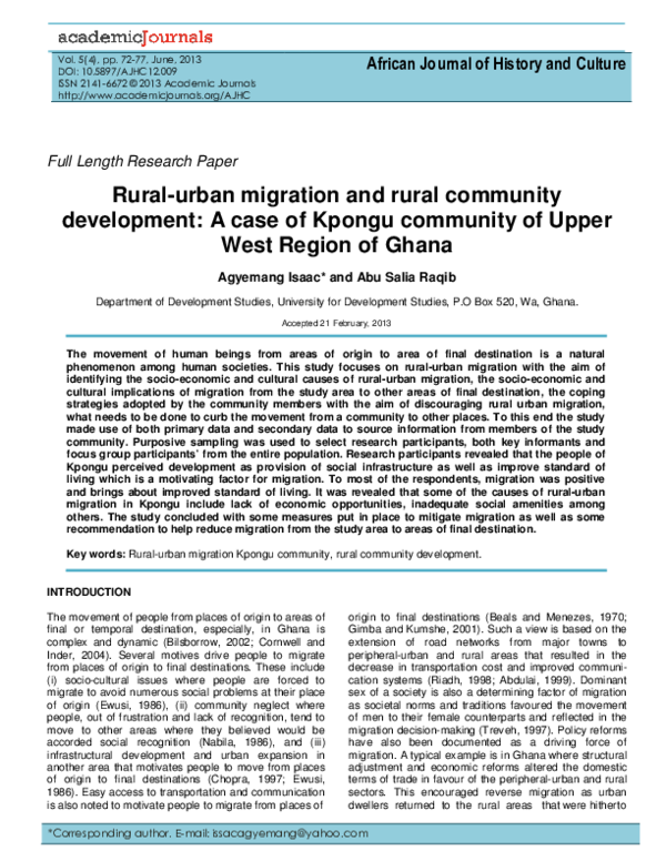 (PDF) Rural-urban migration and rural community development: A case of ...