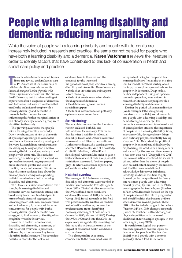 (PDF) People with a learning disability and dementia: reducing ...