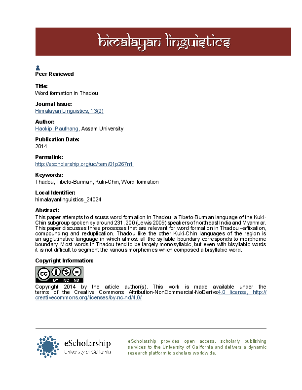 (PDF) Word Formation in Thadou
