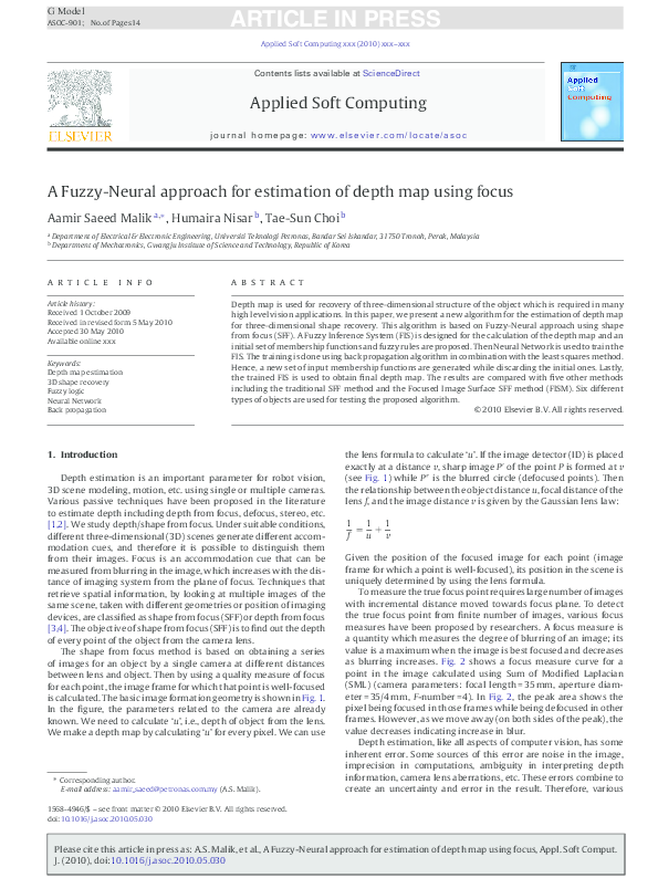 (PDF) A Fuzzy-Neural approach for estimation of depth map using focus