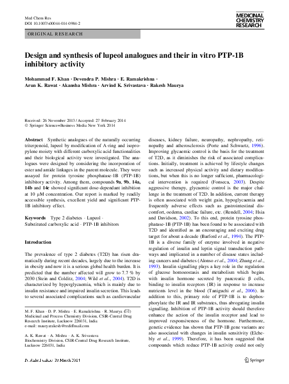 (PDF) Design and synthesis of lupeol analogues and their in vitro PTP ...