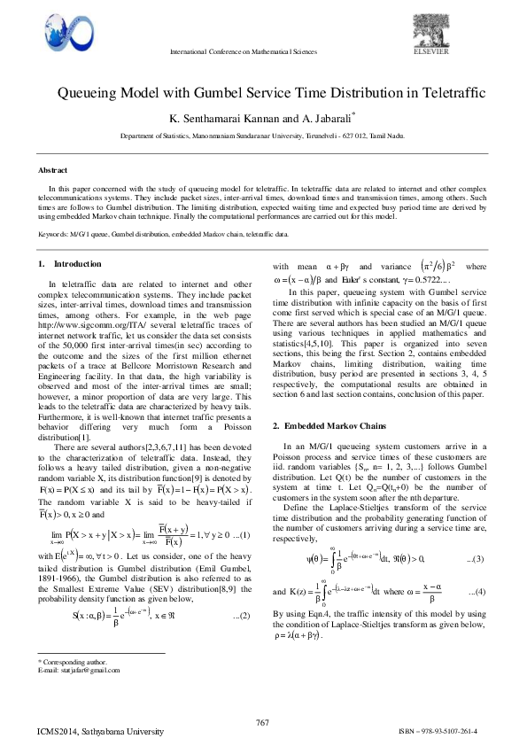 (PDF) Queueing Model with Gumbel Service Time Distribution in Teletraffic