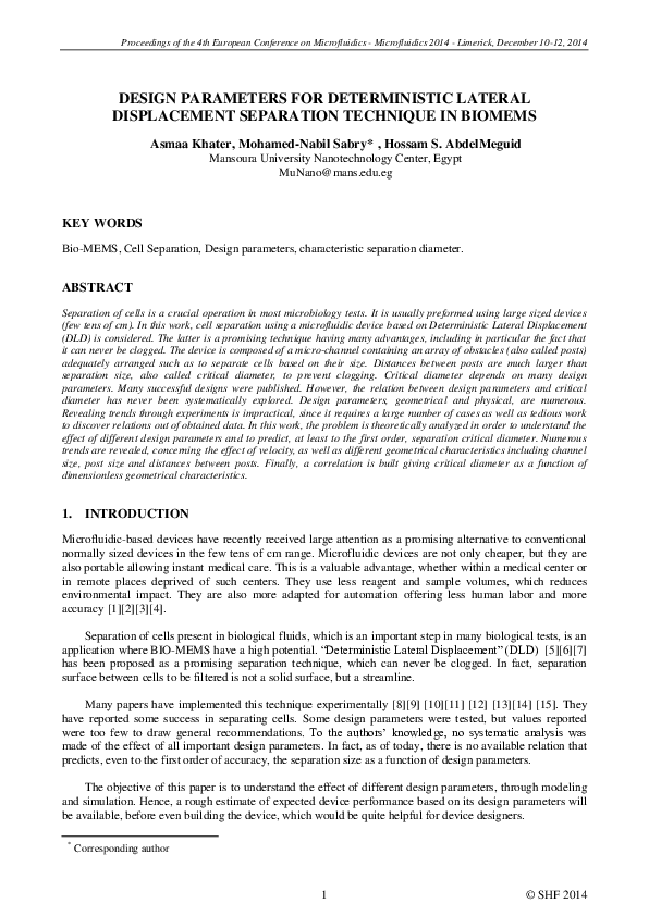 (PDF) DESIGN PARAMETERS FOR DETERMINISTIC LATERAL DISPLACEMENT SEPARATION TECHNIQUE IN BIOMEMS