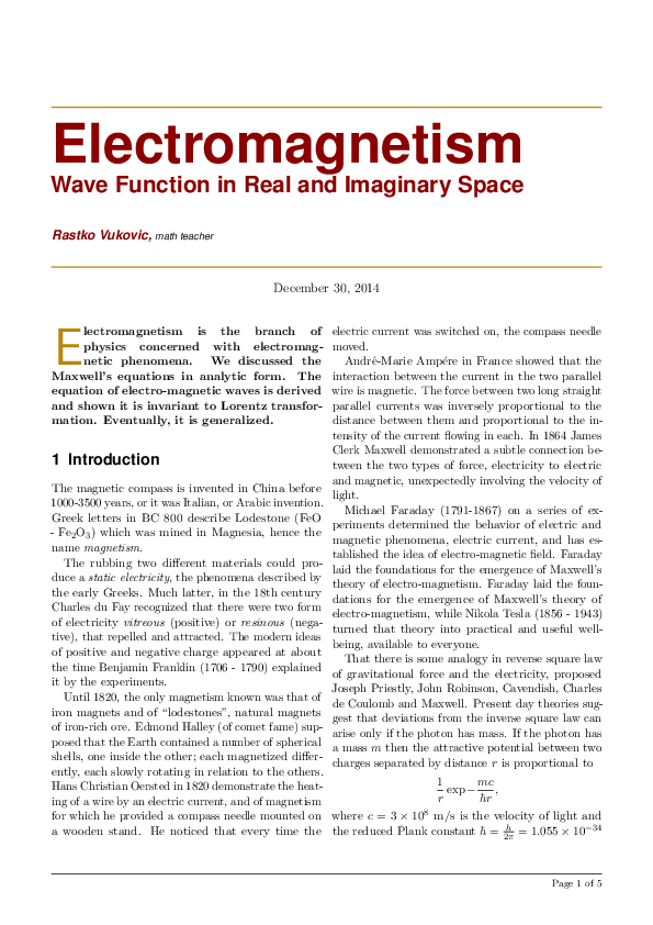(PDF) Electromagnetism - Wave Function in Real and Imaginary Space