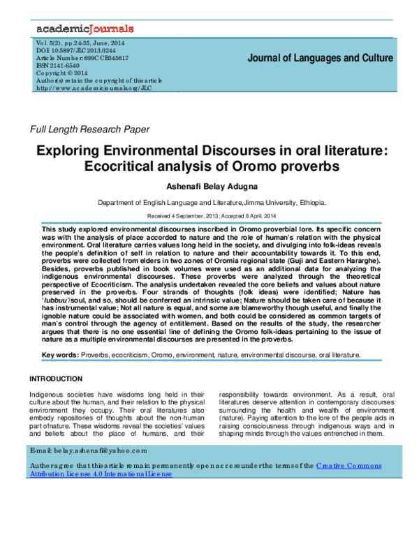 (PDF) Exploring Environmental Discourses in Oral Literature ...