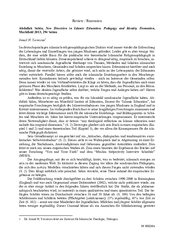 (PDF) Abdullah Sahin, New Direction in Islamic Education. Pedagogy and ...
