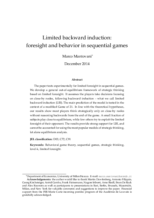 Pdf Limited Backward Induction