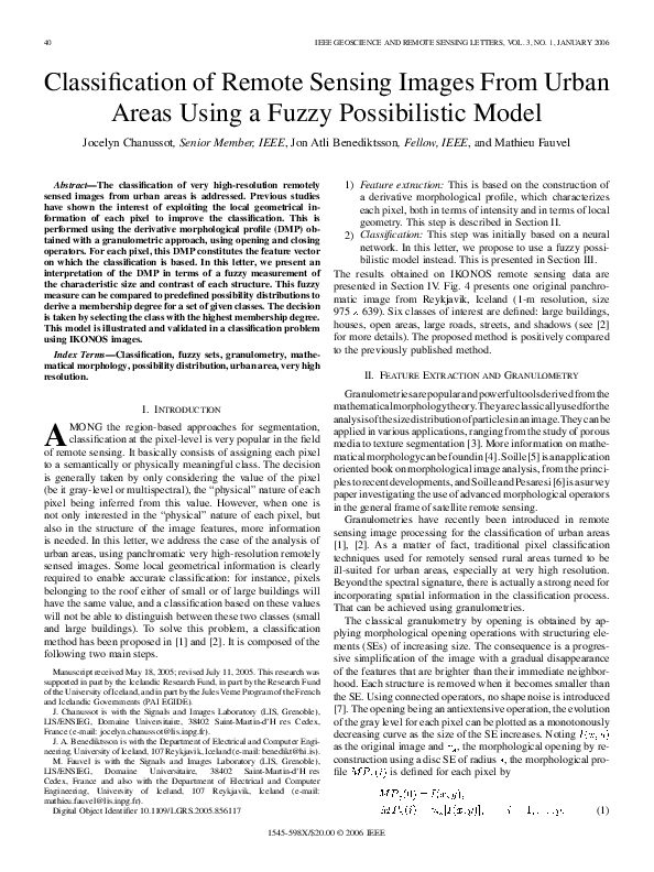 (PDF) Classification of Remote Sensing Images From Urban Areas Using a Fuzzy Possibilistic Model