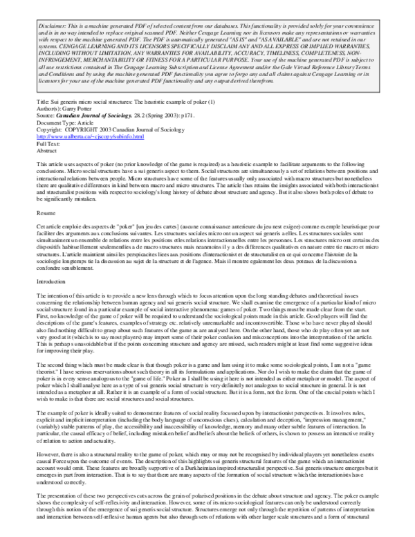 (PDF) Sui Generis Micro Social Structure: The Example of Poker