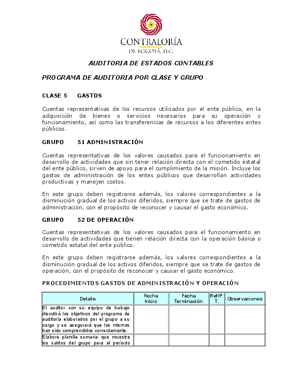 (DOC) AUDITORIA DE ESTADOS CONTABLES PROCEDIMIENTOS GASTOS DE ADMINISTRACIÓN Y OPERACIÓN
