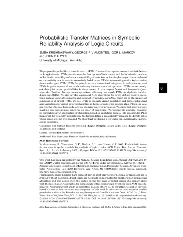 Probabilistic transfer matrices in symbolic reliability analysis of logic circuits