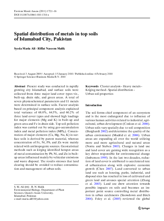 (PDF) Spatial distribution of metals in top soils of Islamabad City ...