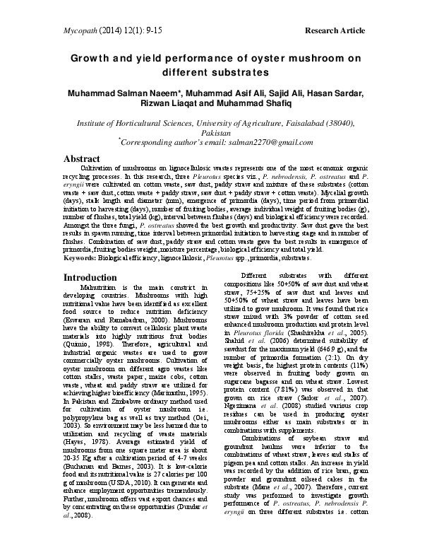 Pdf Growth And Yield Performance Of Oyster Mushroom On Different Substrates