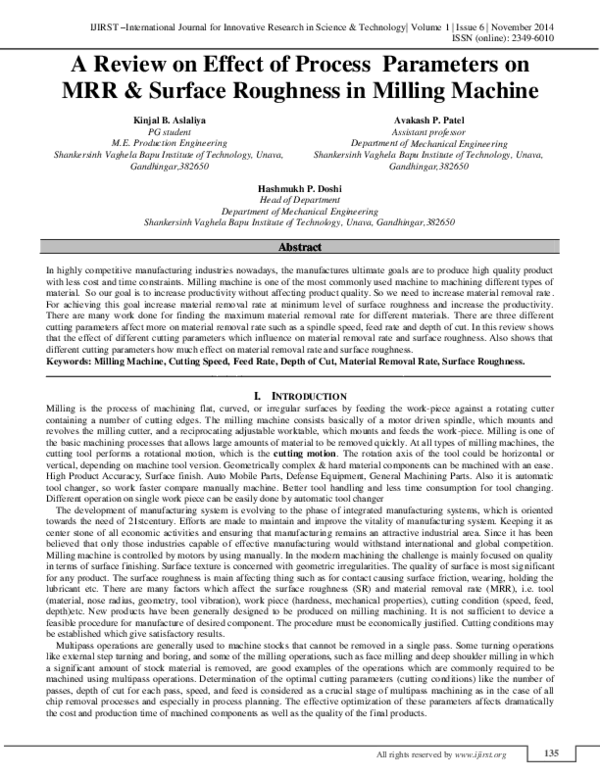 Pdf A Review On Effect Of Process Parameters On Mrr And Surface