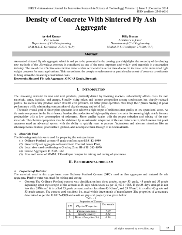 (PDF) Density of Concrete with Sintered Fly Ash Aggregate