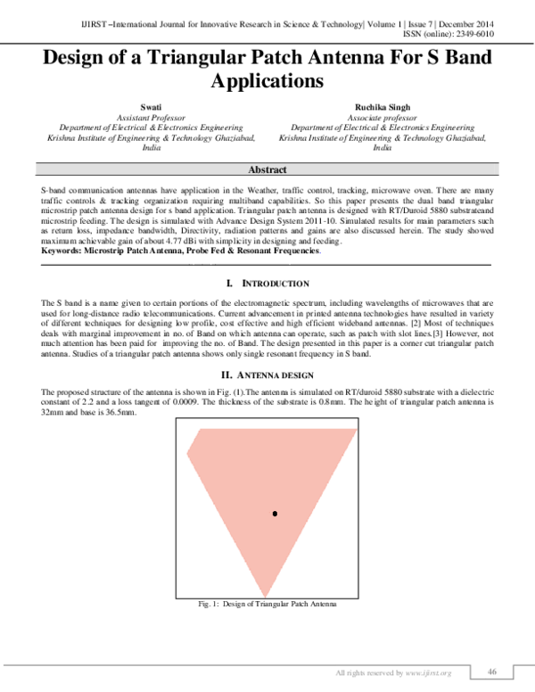 Pdf Design Of A Triangular Patch Antenna For S Band Applications