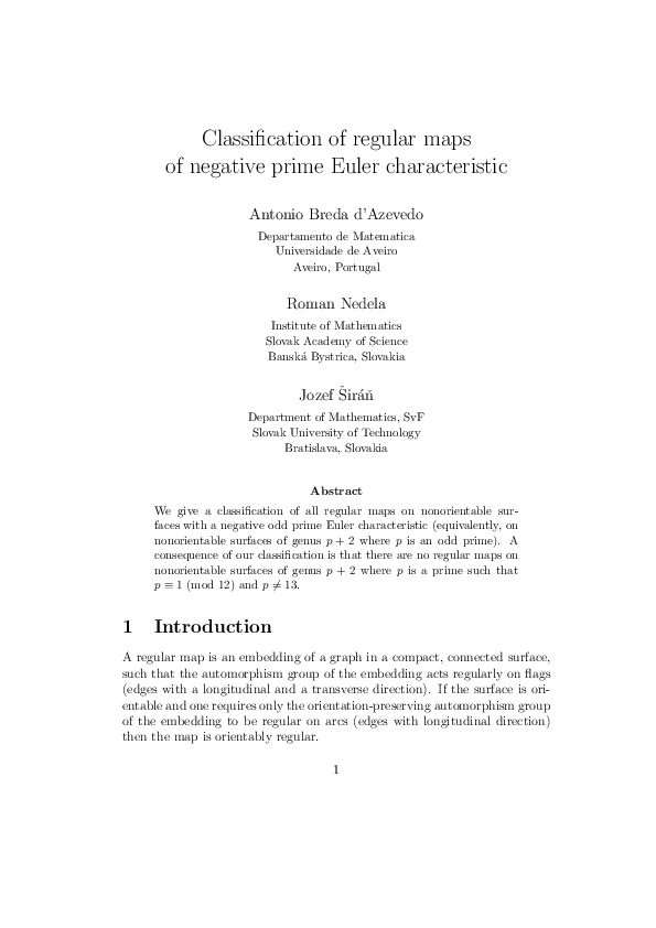 (PDF) CLASSIFICATION OF REGULAR MAPS OF NEGATIVE PRIME EULER CHARACTERISTIC