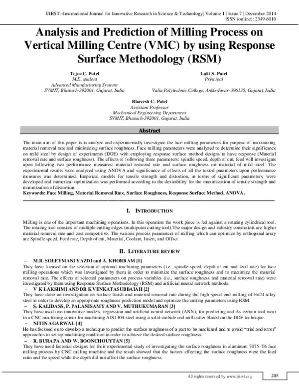 (PDF) Analysis and prediction of milling process on Vertical Milling Centre (VMC) by using ...