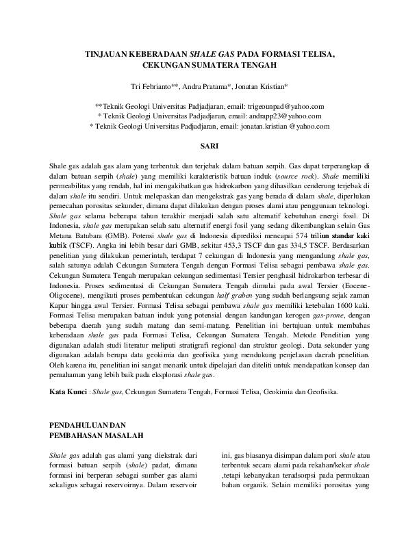 (PDF) TINJAUAN KEBERADAAN SHALE GAS PADA FORMASI TELISA, CEKUNGAN ...