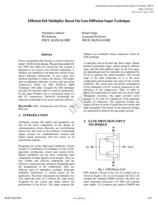 Pdf Efficient 8x8 Multiplier Based On Gate Diffusion Input Technique