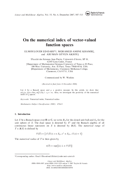 (PDF) On the numerical index of vector-valued function spaces