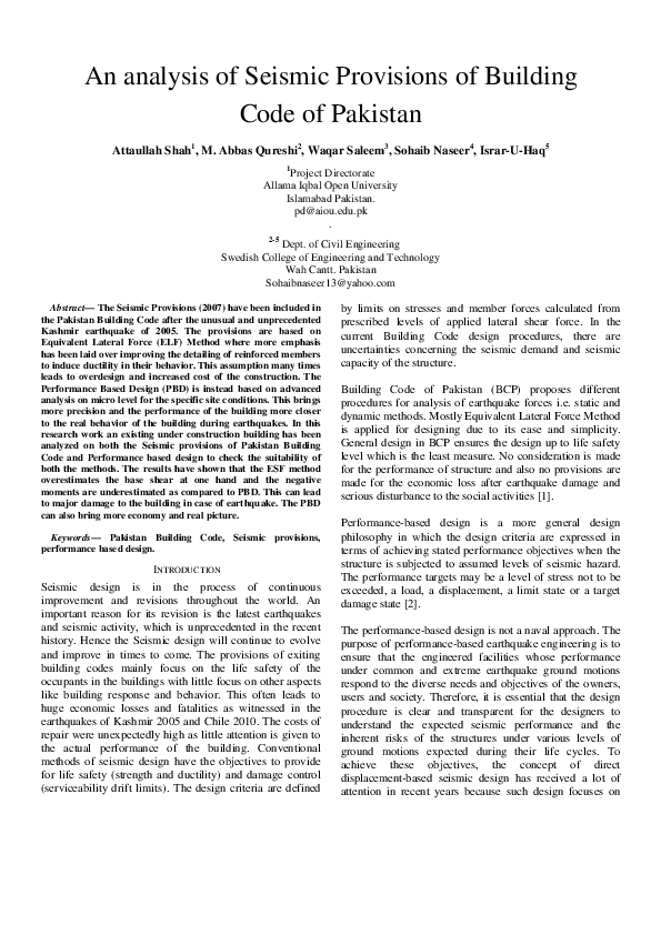 (PDF) An analysis of Seismic Provisions of Building Code of Pakistan